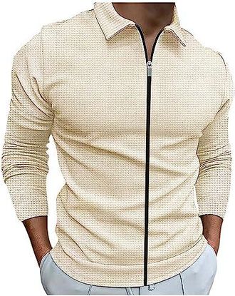 Generic Chemise zippée à manches longues en maille gaufrée pour homme - Coupe ajustée - Couleur unie - Polyvalent - Pour le printemps et lautomne - Décontract