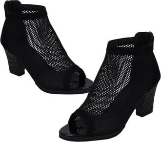Minkissy Sandales &agrave; Talons Hauts &Eacute;pais pour Femme Design Ajour&eacute; Maille Confort Toute la Journ&eacute;e Faciles &agrave; Enfiler Noires avec Robes et Jupes &Eacute;l&eacute;gantes