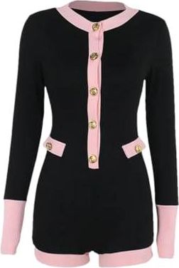 Generic Combishort pour femmes col rond boutons manches longues v&ecirc;tements tricot&eacute;s combinaisons Y2k body court barboteuse, Pnnrk, S