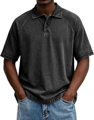 Generic Polo vieilli &agrave; manches courtes en coton d&eacute;lav&eacute; pour homme, pull vintage &agrave; col &agrave; revers, haut de sport l&eacute;ger &eacute;vacuant lhumidit&eacute;, pour la course &agrave; pied,
