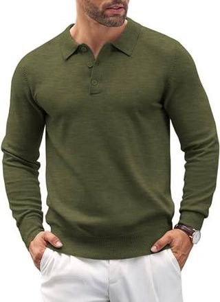 Coofandy Pull Homme Polo Pullover Tricot à Col Sweater Manches Longues Pulls Casual Sweatshirts Couleur Unie Hiver De Marque Chaud Hauts pour Automne Vert armé