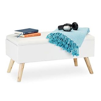 Relaxdays Banc de Rangement, rembourr&eacute;, Pieds en Bois, Coffre avec rev&ecirc;tement en Tissu 39,5 x 79,5 x 39 cm, Blanc