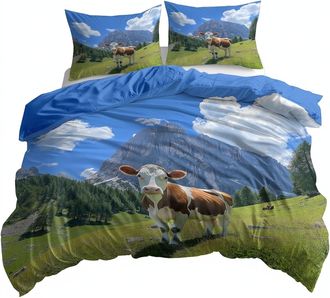 Generic Kuh Bettw&auml;sche 135x200 4teilig, Nat&uuml;rliche Landschaft Bettbez&uuml;ge 135x220 cm mit 2 Kissenbez&uuml;gen Weich 3D Wende Bettw&auml;sche Set Atmungsaktiv Pflegeleich