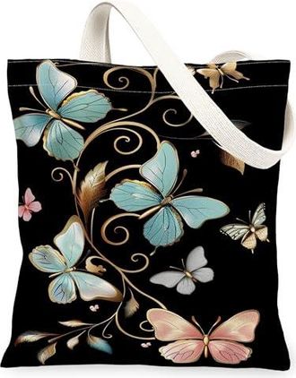 Generic Sacs fourre-tout vintage &eacute;l&eacute;gants en toile avec motif papillon d&eacute;coratif, sacs d&eacute;picerie r&eacute;utilisables, l&eacute;gers et lavables, noir, 13x15 Inch