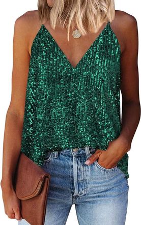 EUDOLAH Ärmellose Damen Unterhemden mit Pailletten schimmerndes Oberteil Glitzer Top Tanktops Party Tunika Glitzerbluse, Gruen, Size 2XL