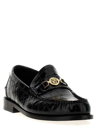 Versace Mens Black Velvet Leather Slip-On Loafers