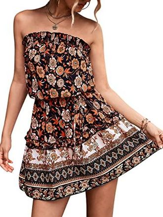ORANDESIGNE Robe dété sans Manches pour Femme Eté Bustier Boho Floral Imprimé Minirobe Bandeau sans Manches Robe de Plage Robe Débardeur Simple Mode Décontractée 