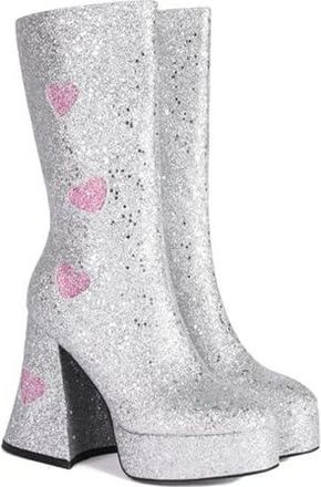 Generic Bottines courtes paillet&eacute;es pour femme avec talon bloc &eacute;pais et bout rond - Chaussures de combat tendance avec fermeture &eacute;clair et coeur, Argent&eacute;., 37