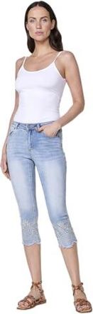 Kor&ouml;shi Jean Capri &eacute;lastique avec double push-up et broderie florale en bleu pour femme, couleur bleu CL, bleu, 36