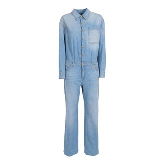 Elisabetta Franchi Femme, Combinaisons et Ensembles, Bleu, Taille: 34 FR Denim Jumpsuit with Lettering Detail