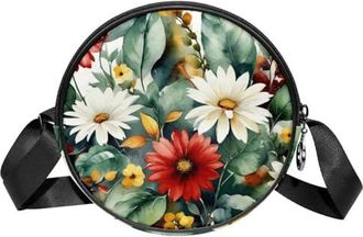 Generic Petit sac &agrave; bandouli&egrave;re circulaire pour femme, motif feuilles florales, sac &agrave; dos avec fermeture &eacute;clair, bretelles r&eacute;glables, sac &agrave; main rond d&eacute;contra