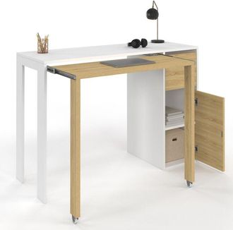 IDMarket Ausziehbarer Schreibtisch RON mit Schubladensäule und Schrank in Weiß und Holz