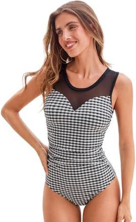 Cupshe Maillot de bain une pi&egrave;ce pour femme - Contr&ocirc;le du ventre - Col haut - Panneau en maille - Sexy - D&eacute;coupe au dos - Crochet fronc&eacute;, Noir/Blanc Geo, Tai