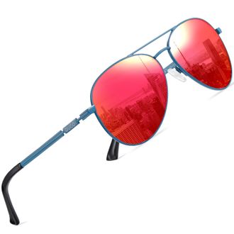 Duco Cool Polarisierte Sonnenbrille Herren Klassische Unisex Fliegerbrille UV400 Filter Kategorie 3 3025K (Gestell: Blau, Gl&auml;ser: Rot)