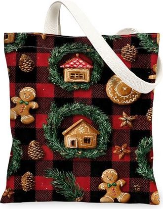 Generic Sacs fourre-tout en toile de pain d&eacute;pices, motif festif de vacances, sacs d&eacute;picerie r&eacute;utilisables, No&euml;l rustique, l&eacute;ger, lavable &agrave; l&eacute;paule, Rouge, 13x