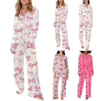 Generic Ensemble de v&ecirc;tements de nuit boutonn&eacute;s pour femme - Ensemble de v&ecirc;tements de nuit &agrave; col et manches longues - Col en V - Imprim&eacute; - Deux pi&egrave;ces - V&ecirc;tem