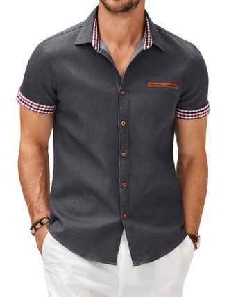 Coofandy Hemden Herren Kurzarm Jeanshemd Sommerhemd M&auml;nner Kurzarmhemd Freizeithemd B&uuml;ro Hemd Kurzarm Slim Fit Baumwolle Casual Business Shirt Grau XXL