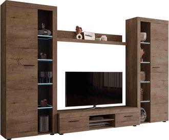 Mirjan24 Wohnwand Rango XL, Modernes Wohnzimmer Set, Design Anbauwand, Schrankwand, Mediawand, Vitrine, TV Lowboard, (Lefkas Eiche, mit weißer LED Beleuchtung)