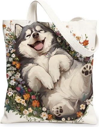 Generic Sac fourre-tout en toile motif chien malamutes de lAlaska pour le shopping 33 x 38 cm, joli champ de fleurs r&eacute;utilisable, sac &agrave; bandouli&egrave;re pour femme