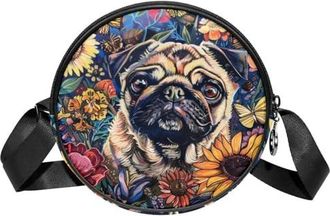 Generic Sac &agrave; bandouli&egrave;re rond pour femme, carlin, fleurs, petit sac &agrave; bandouli&egrave;re avec fermeture &eacute;clair, bretelles r&eacute;glables, sac &agrave; main rond d&eacute;contract&eacute; pou