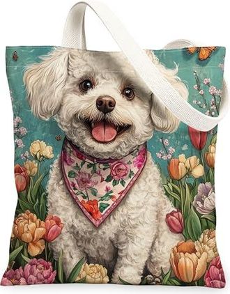 Generic Sac fourre-tout en toile motif bichon fris&eacute; pour le shopping, 33 x 38,1 cm, sac &agrave; bandouli&egrave;re r&eacute;utilisable pour femme, peinture danimaux domestiques, 