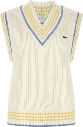 Lacoste Homme, Pulls, Blanc, Taille: XL D&eacute;bardeur en coton c&ocirc;tel&eacute; &agrave; col en V