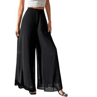 Generic Robe de plage en mousseline de soie pour femme, pantalon palazzo &agrave; jambes larges, fluide, l&eacute;ger, long, tendance, pantalon d&eacute;contract&eacute;, Noir, XXL