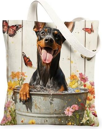 Generic Sac fourre-tout en toile motif doberman printanier pour faire du shopping, 33 x 38,1 cm, joli sac &agrave; bandouli&egrave;re r&eacute;utilisable en bois de fleur rustique
