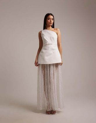 Six Stories Robe de mari&eacute;e longue et asym&eacute;trique en satin et dentelle - Blanc