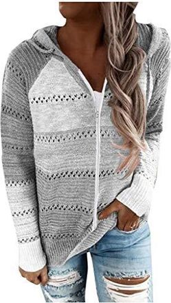 Generic Cardigan à fermeture éclair ouvert sur le devant pour femme - Cardigan tendance à manches longues décontracté - Cardigan à rayures - Chemisier fin pou