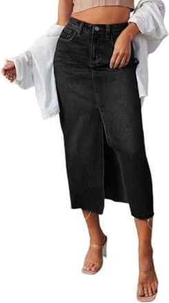 Generic Jupe midi en jean taille haute fendue sur le devant, longueur genou, jupe en jean extensible pour femme, robe d&eacute;t&eacute; boh&egrave;me, plage, vacances, essentiels