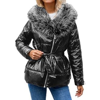 Generic Doudoune brillante pour femme - Courte - Avec capuche en fourrure - Chaude - Rembourrage - R&eacute;fl&eacute;chissant - Manteau dhiver - Fermeture &eacute;clair - Veste d