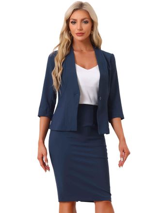 Allegra K Damen Business Rock Anzug Set 2-Teiliges B&uuml;ro Arbeits Outfit Kragenloser Blazer Bleistiftrock Navy blau XXL