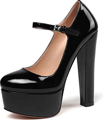 elashe Escarpins Plateforme Femme, Sexy Bride Cheville Bout Rond fermé Talon Aiguille 15CM, Classique Soirée Mariage Escarpins Noir-VerniEU39