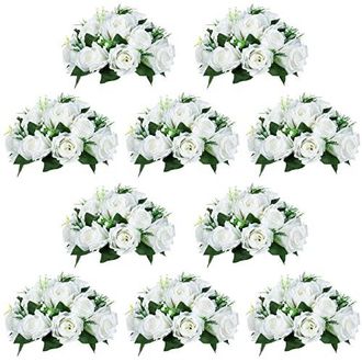 Nuptio 10 Pi&egrave;ces Fleurs Artificielles, 15 T&ecirc;tes de Roses Plastique avec Base, Convient au Centre de la Table Mariage Notre Magasin pour Les F&ecirc;tes D&eacute;coration 