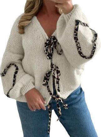 Generico Cardigan court en tricot pour femme avec lacets avant et noeud - Pull à front ouvert - Cardigans décontractés - Chaud pour lhiver, blanc, M