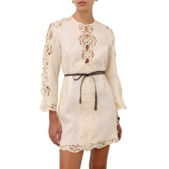 Zimmermann Broderie-Tunika mit Lederdetails Creme - - Dresses - Damen - Beige - XS