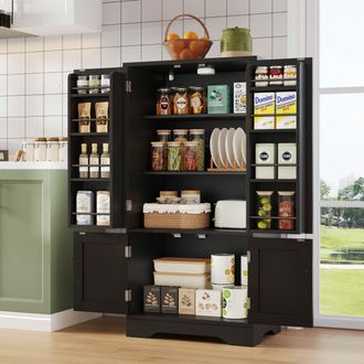 Merax Hochschrank K&uuml;chenschrank Speisekammer 120&times;60&times;40 cm - Schrank 4 T&uuml;ren mit LED Sensor, verstellbare Regale, gro&szlig;es K&uuml;chen-/Wohnzimmer-/Esszimmer-Buffet