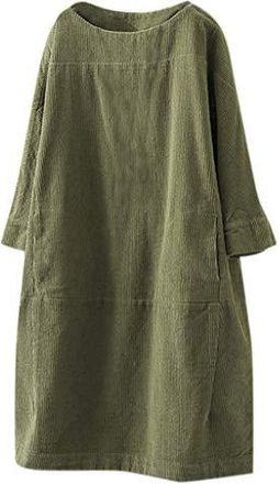 Generic Robes d&eacute;t&eacute; pour femmes 2025 Femmes Poches Velours c&ocirc;tel&eacute; Couleur unie Manches longues Ample D&eacute;contract&eacute;e Robe midi Robes pour femmes, a-vert kaki, 5XL