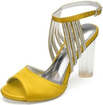 Generic Chaussures De Mariage Sandales À Talons Épais en Satin À Bout Ouvert Femme Mariée Bureau Travail Soir Hauts Sandale10.5Cm,Jaune,36 EU