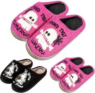 Generic Pantoufles dHalloween à enfiler pour femme - Jolies pantoufles bouclées en coton doux et chaud - En peau de mouton - Mousse à mémoire de forme - Antid