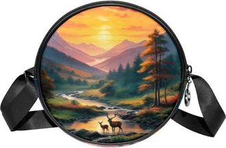 Generic Sac &agrave; bandouli&egrave;re Circle pour femme, petit sac &agrave; bandouli&egrave;re Art Mountain Deer avec fermeture &eacute;clair, bretelles r&eacute;glables, sac &agrave; main rond d&eacute;contract&eacute;