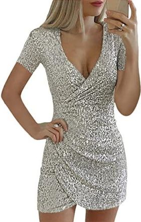 ORANDESIGNE Robe Sexy Femme Club Libertin Sexy Chic Et Elegante Moulant Disco Paillette Brillante Mini Robe Sequins Décolleté Tulle Clubwear Robe de Fete Cocktail