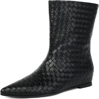 Generic Bottines plates &agrave; bout pointu tress&eacute; pour femme - Confortables - Large mollet - &Agrave; enfiler - Automne et hiver, Noir, 37.5 EU