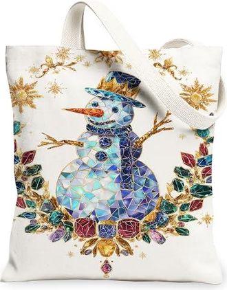 Generic Sacs fourre-tout en toile motif bonhomme de neige color&eacute;, r&eacute;utilisables, vacances festives, l&eacute;gers et lavables, blanc, 13x15 Inch