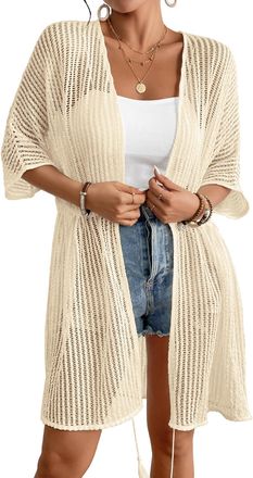 Bsubseach Crochet Kimonos f&uuml;r Frauen Mesh Sexy Badeanzug Cover Ups Open Front Beach Sommer Outwear Beige