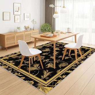 Generic Jaune et Noir Lavable en Machine Tapis Salon Lignes d&eacute;coratives Formes g&eacute;om&eacute;triques, 140 x 200 cm Doux Tapis de Sol Pelucheux Dessous Antid&eacute;rapant, En