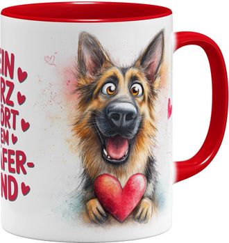 OM3 s&uuml;&szlig;e Hundeliebhaber Kaffee-Tasse mit Spruch - Mein Herz geh&ouml;rt einem Sch&auml;ferhund - Statement - Keramik Becher - 325ml - Rundumdruck - Rot