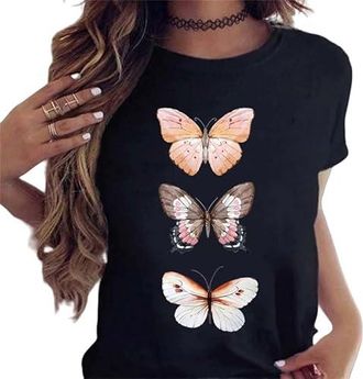 Keephen Papillon avec Fleurs T-Shirt Femmes Esth&eacute;tique Papillon Impression 3D T-Shirt Manches Courtes Col Rond Streetwear Dames &Eacute;t&eacute; Mignon Tops