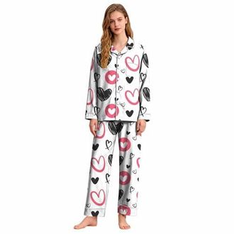 Generic Ensemble de pyjama 2 pi&egrave;ces pour femme avec imprim&eacute; coeur mignon, v&ecirc;tements de nuit en satin de soie, v&ecirc;tements de nuit &agrave; manches longues, hauts et pa